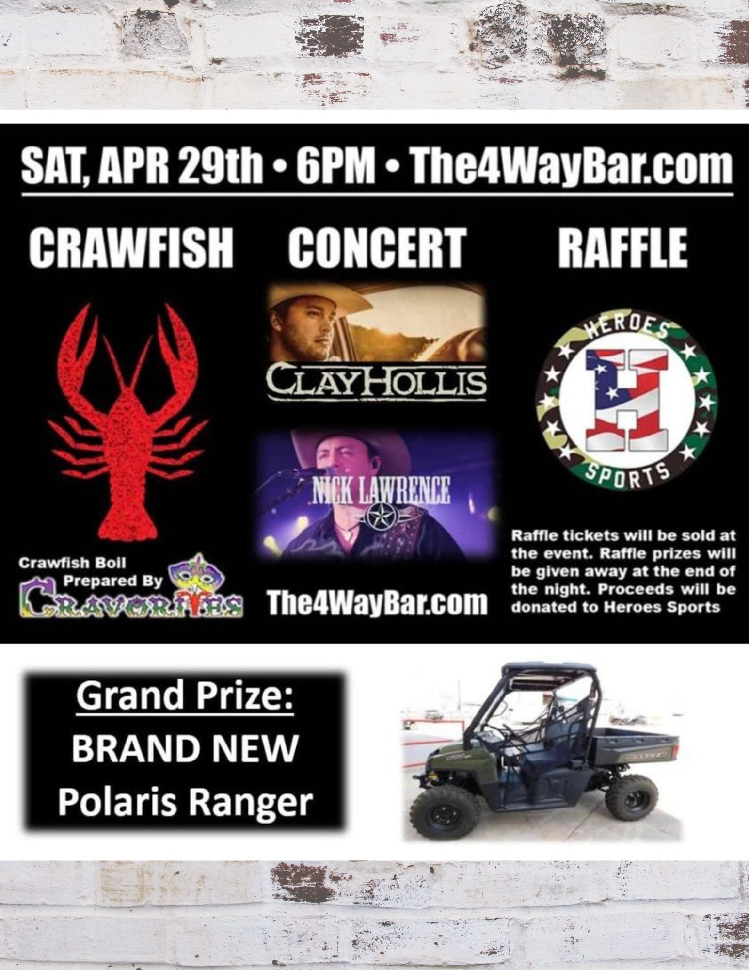 THE 4 WAY BAR - CRAWFISH, CONCERT AND RAFFLE - PROCEEDS TO HEROES SPORTS
