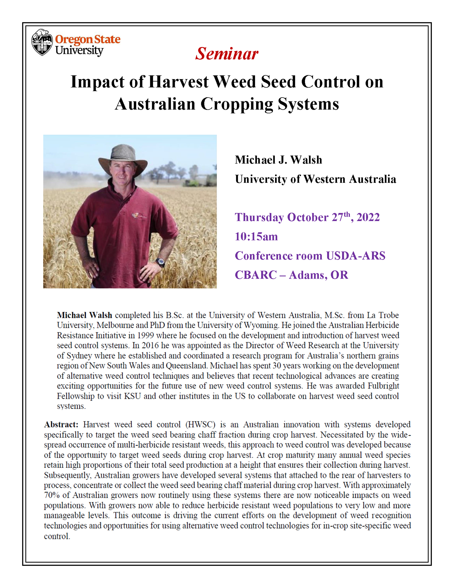 Impact of Harvest Weed Seed Control in Australian Cropping Systems